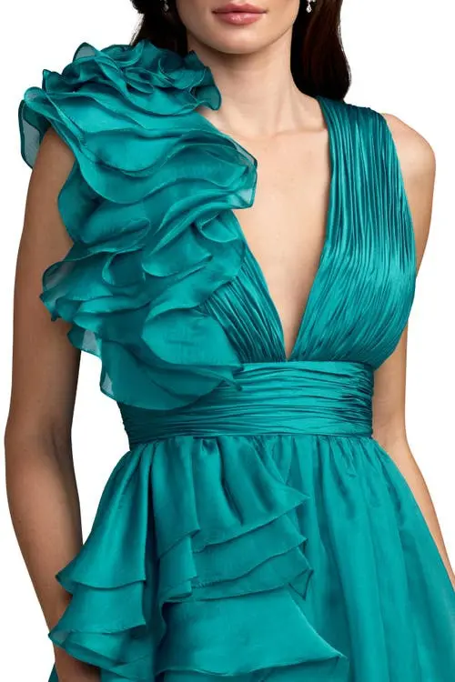Mac Duggal Ruffle Shoulder V-neck Chiffon Gown - Teal
