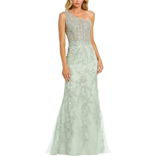 Mac Duggal Embellished One-shoulder Corset Bodice Column Gown - Sage