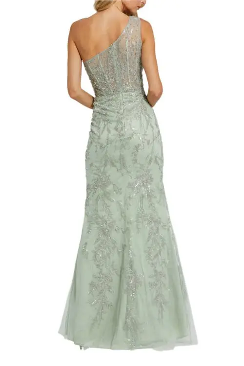 Mac Duggal Embellished One-shoulder Corset Bodice Column Gown - Sage