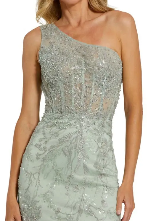 Mac Duggal Embellished One-shoulder Corset Bodice Column Gown - Sage