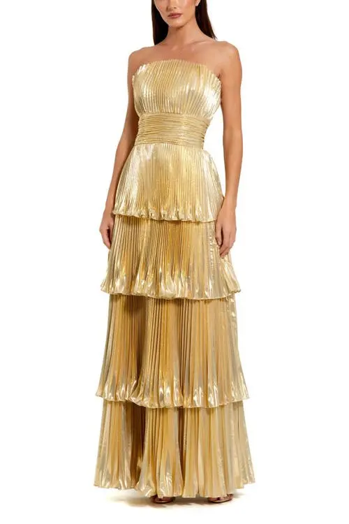 Mac Duggal Strapless Pleated Metallic High-low Gown - Gold