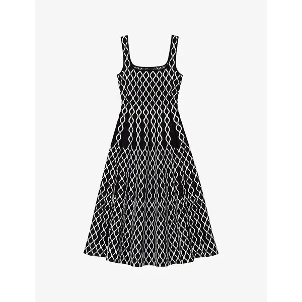 Maje Grid-pattern Square-neck Knitted Midi Dress