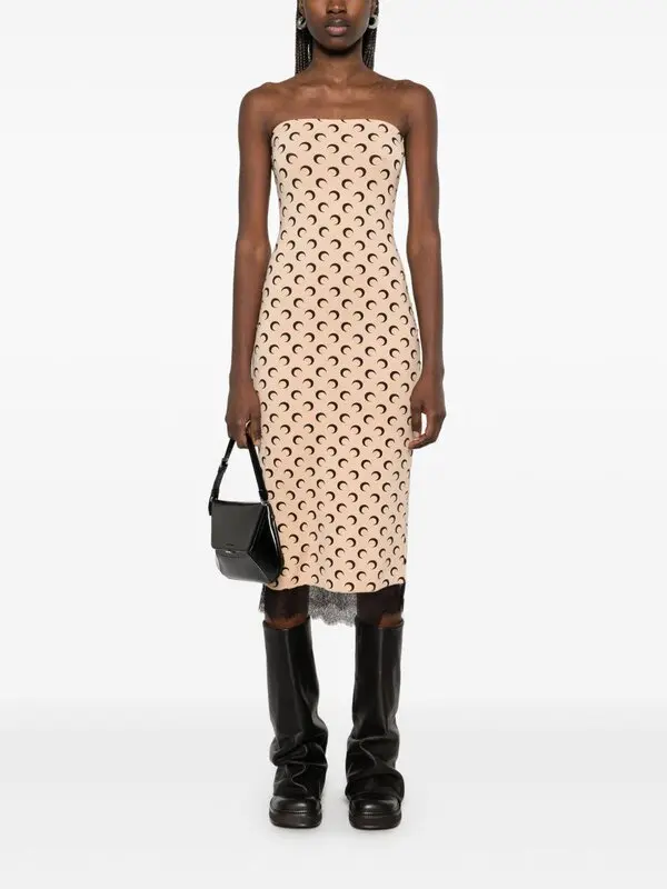 MARINE SERRE Crescent Moon Bustier Midi Dress With Lace Trim - Neutrals