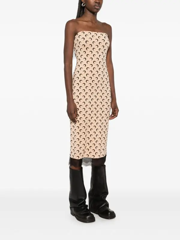 MARINE SERRE Crescent Moon Bustier Midi Dress With Lace Trim - Neutrals
