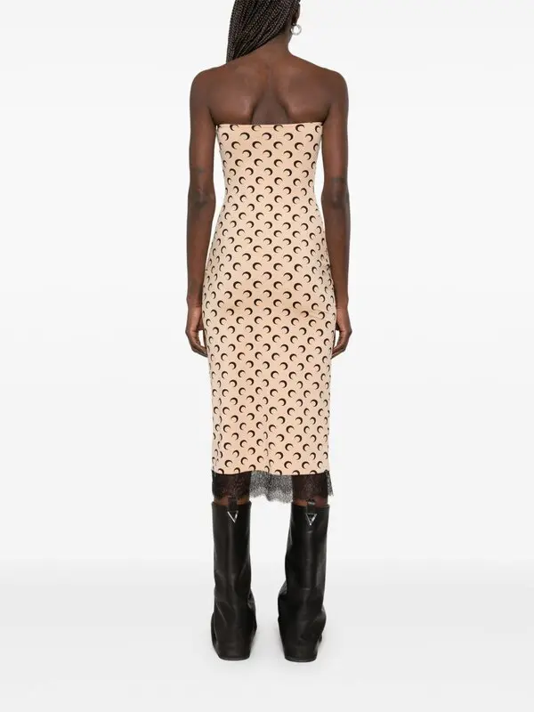 MARINE SERRE Crescent Moon Bustier Midi Dress With Lace Trim - Neutrals