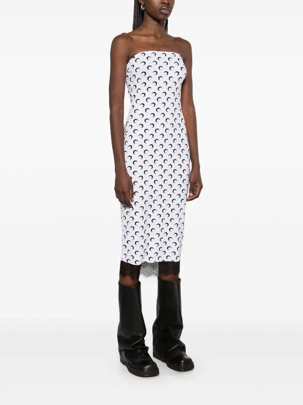 MARINE SERRE Crescent Moon Print Strapless Midi Dress With Lace Trim - White