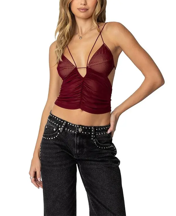 EDIKTED Strappy Ruched Mesh Top