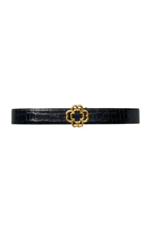 Maje Croc-effect Leather Double M Belt - Noir / Gris