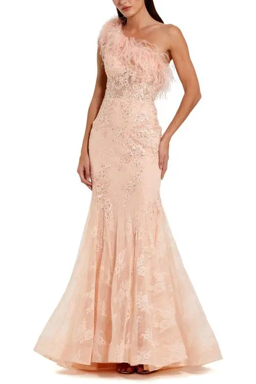 Mac Duggal One-shoulder Feather Embellished Gown