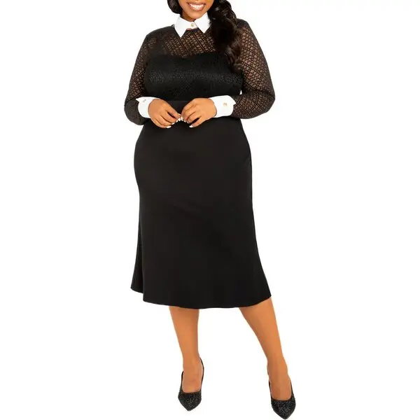 BUXOM COUTURE Lace Collar Long Sleeve Midi Dress