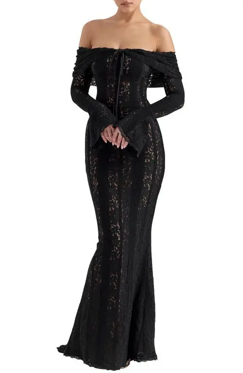 House Of Cb Belle Off-Shoulder Lace Maxi Dress Black-0