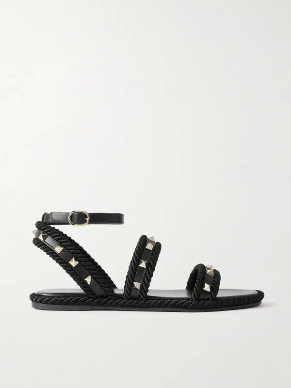 Valentino Garavani Torchon Rope-trimmed Studded Leather Sandals - Black