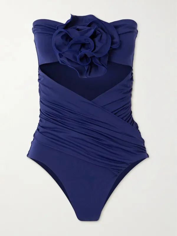 Magda Butrym Strapless Cutout Appliquéd Ruched Swimsuit - Blue