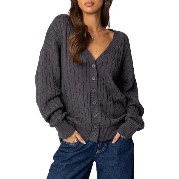 EDIKTED Francine Cotton Cardigan - Dark-gray