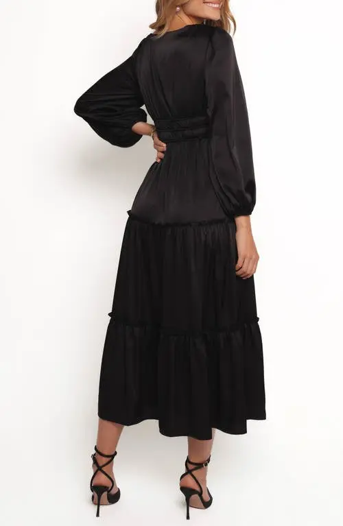 PETAL & PUP Rowen Long Sleeve Satin Midi Dress - Black