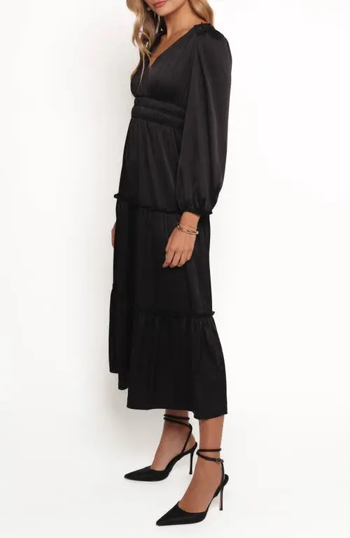 PETAL & PUP Rowen Long Sleeve Satin Midi Dress - Black
