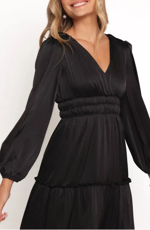 PETAL & PUP Rowen Long Sleeve Satin Midi Dress - Black
