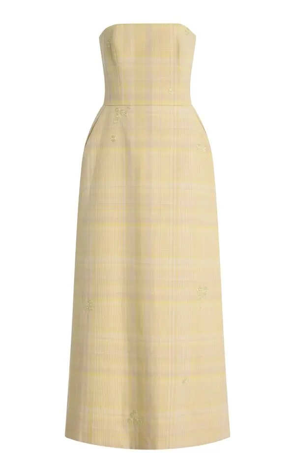 Delpozo Exclusive Architectural Floral-embroidered Tartan-checked Cotton Midi Dress - Yellow