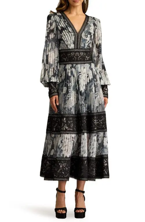 Tadashi Shoji Floral Lace Detail Metallic Thread Midi Dress - Ivory/ Black  | Editorialist