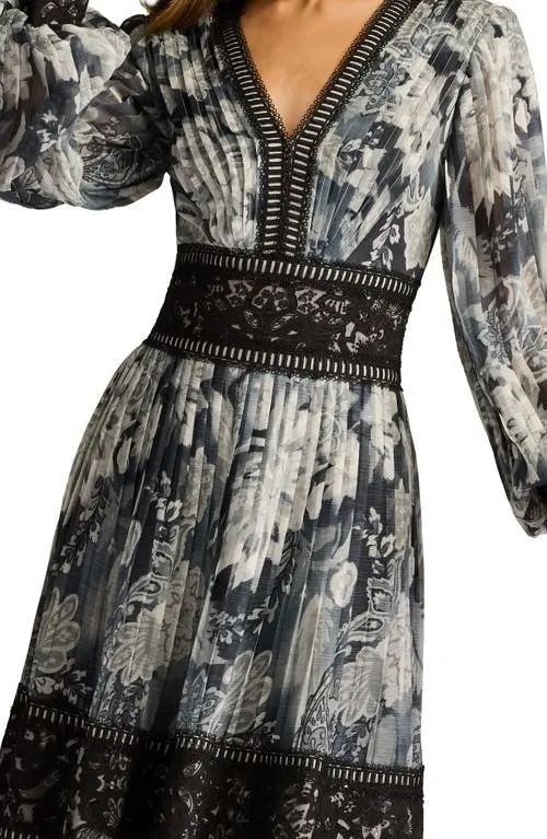 Tadashi Shoji Floral Lace Detail Metallic Thread Midi Dress - Ivory/ Black  | Editorialist
