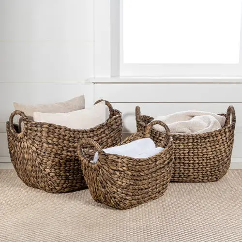 HAPPIMESS Nellie Farmhouse Classic Handwoven Hyacinth Storage Boat Baskets With Handles - Brown