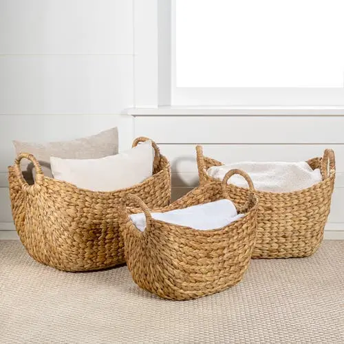 HAPPIMESS Nellie Farmhouse Classic Handwoven Hyacinth Storage Boat Baskets With Handles - Natural