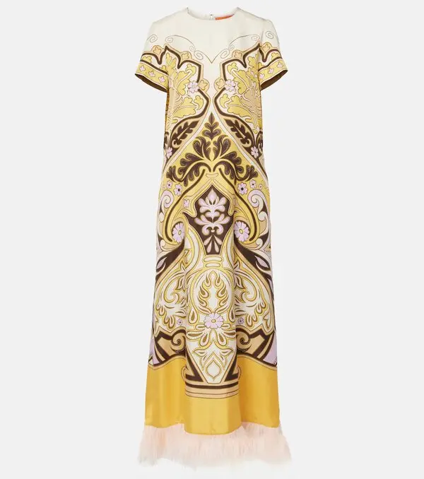 La DoubleJ Printed Feather-trimmed Silk Maxi Dress - Multicoloured