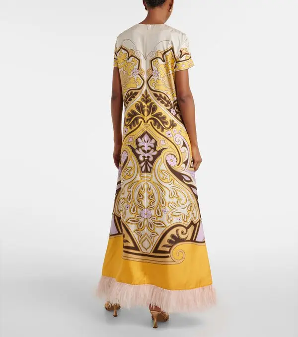 La DoubleJ Printed Feather-trimmed Silk Maxi Dress - Multicoloured