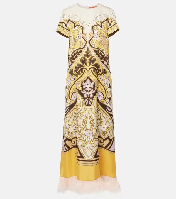 La DoubleJ Printed Feather-trimmed Silk Maxi Dress - Multicoloured