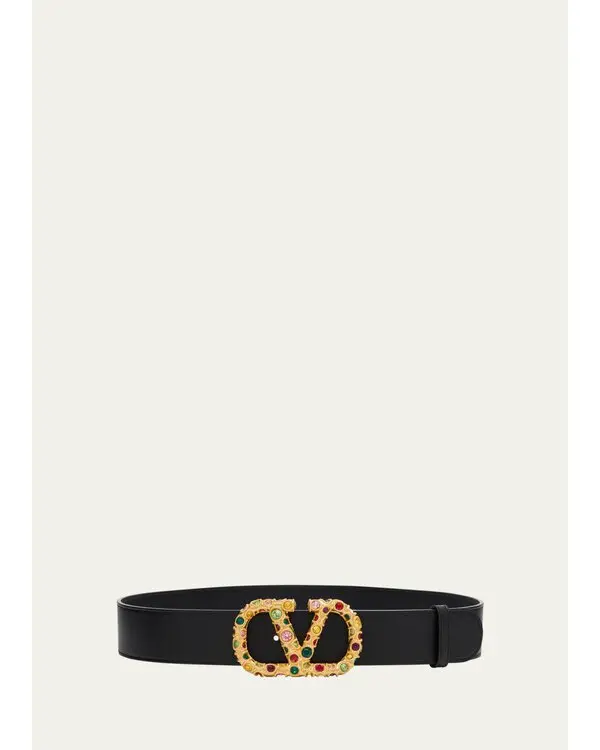 Valentino Garavani Vlogo Signature Embellished Leather Belt 40mm - Black