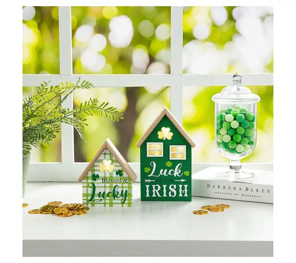 GLITZHOME 8.5'h Lighted St.patrick's Table Deco R Houses S/2 - One-color