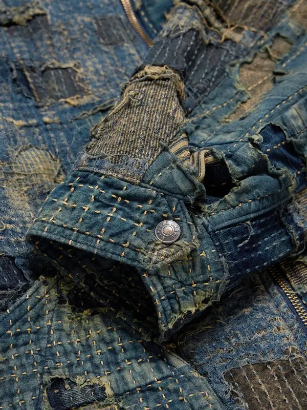Kapital Boro Distressed Patchwork Denim Jacket - Blue