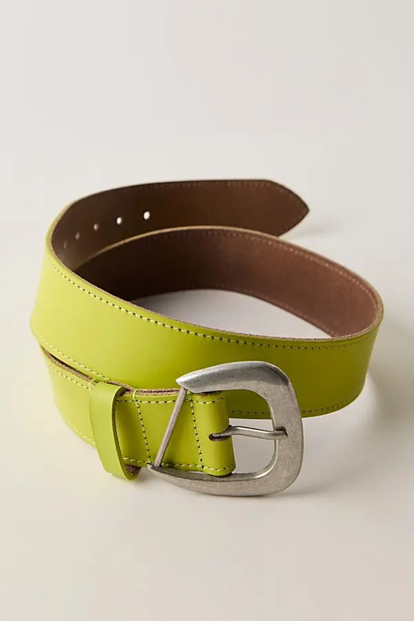Free People Leather Belt With Oversized Buckle - Lime Juice