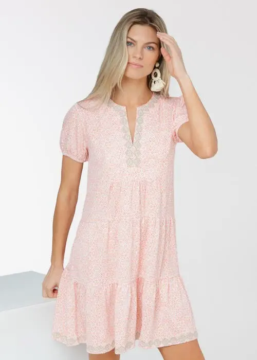CABANA LIFE Embroidered Short Sleeve Tiered Dress - Coast