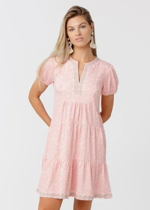 CABANA LIFE Embroidered Short Sleeve Tiered Dress - Coast