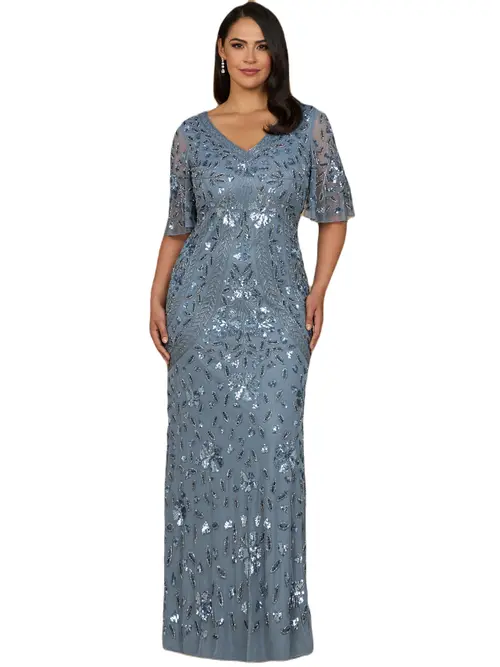 LARA NEW YORK Cape Sleeve Beaded Gown - Dusty Periwinkle