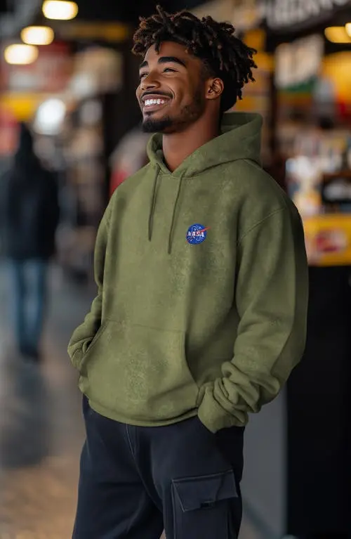 DALIX Nasa Embroidered Mineral Wash Hoodie - Olive