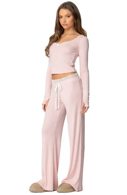 EDIKTED Peekaboo Lace Trim Knit Wide Leg Pants - Pink