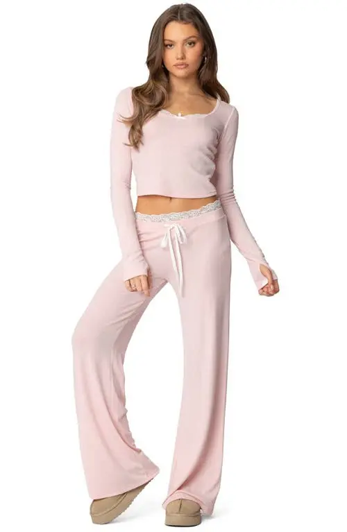 EDIKTED Peekaboo Lace Trim Knit Wide Leg Pants - Pink