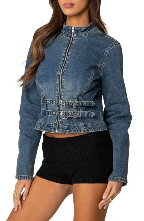 EDIKTED Double Buckle Denim Jacket
