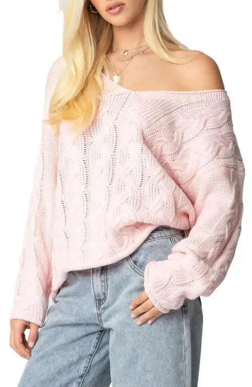 EDIKTED Inga Oversize V-neck Cable Knit Sweater - Light-pink
