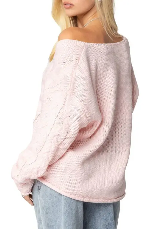 EDIKTED Inga Oversize V-neck Cable Knit Sweater - Light-pink