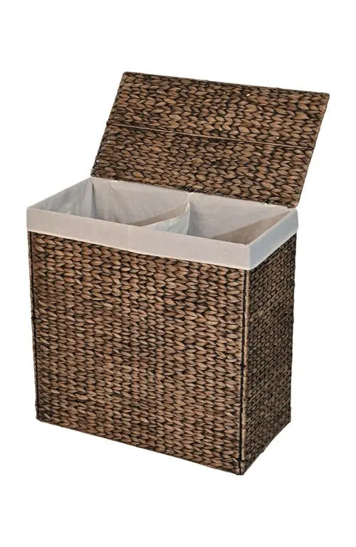 HAPPIMESS Sawyer Classic Farmhouse Handwoven Hyacinth 2-section Collapsible Laundry Hamper With Washable Liner, Handles - Brown