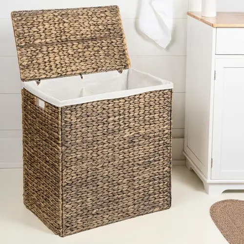 HAPPIMESS Sawyer Classic Farmhouse Hand-woven Hyacinth 2-section Collapsible Laundry Hamper With Washable Liner, Handles - Brown