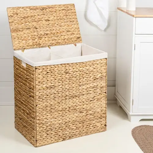 HAPPIMESS Sawyer Classic Farmhouse Handwoven Hyacinth 2-section Collapsible Laundry Hamper With Washable Liner, Handles - Natural