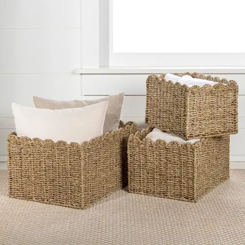 HAPPIMESS Arden Coastal Cottage Seagrass Scalloped Rectangular Organizing Storage Baskets - Natural