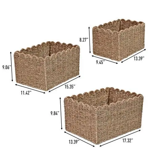 HAPPIMESS Arden Coastal Cottage Seagrass Scalloped Rectangular Organizing Storage Baskets
