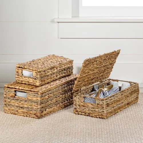 HAPPIMESS Sandrine Classic Farmhouse Handwoven Hyacinth Storage Baskets With Handles And Lids - Natural