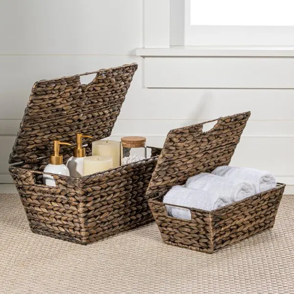 HAPPIMESS Wilder Classic Farmhouse Woven Hyacinth Rectangular Storage Baskets With Lids And Handles - Brown