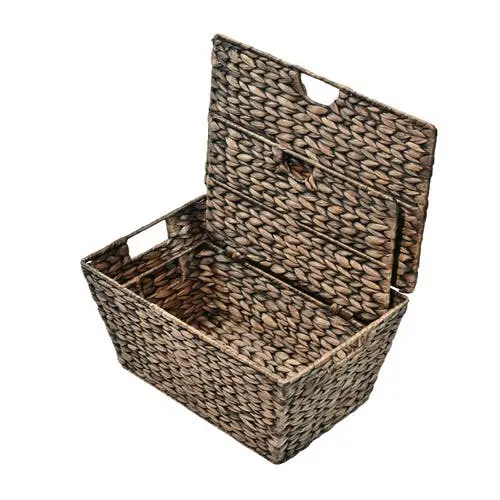 HAPPIMESS Wilder Classic Farmhouse Woven Hyacinth Rectangular Storage Baskets With Lids And Handles - Brown